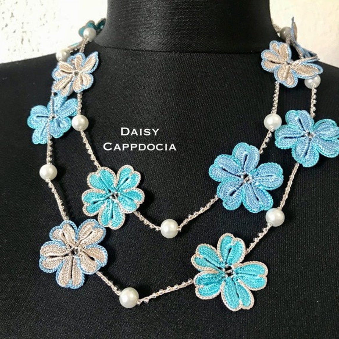 Turkish OYA Lace Lariat - Cherry Blossoms With Pearls Light Blue ...