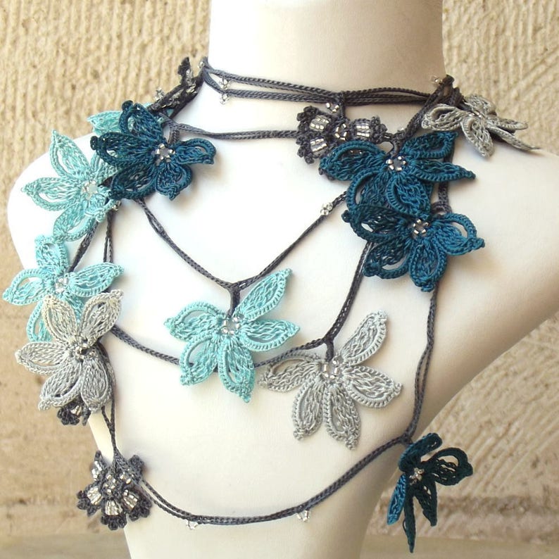Turkish OYA Lace Lariat Necklace Windmill Aquablue / - Etsy