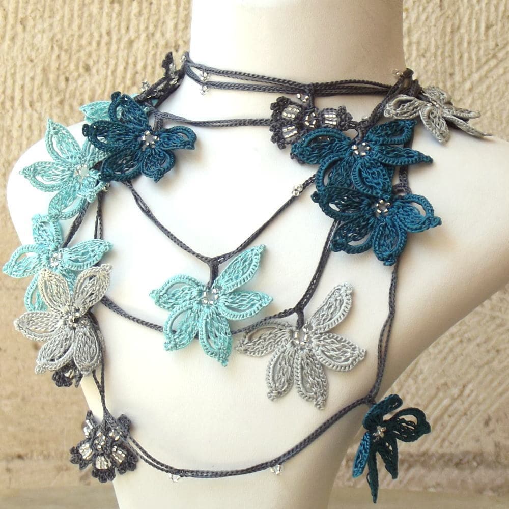 Turkish OYA Lace Lariat Necklace Windmill Aquablue / - Etsy