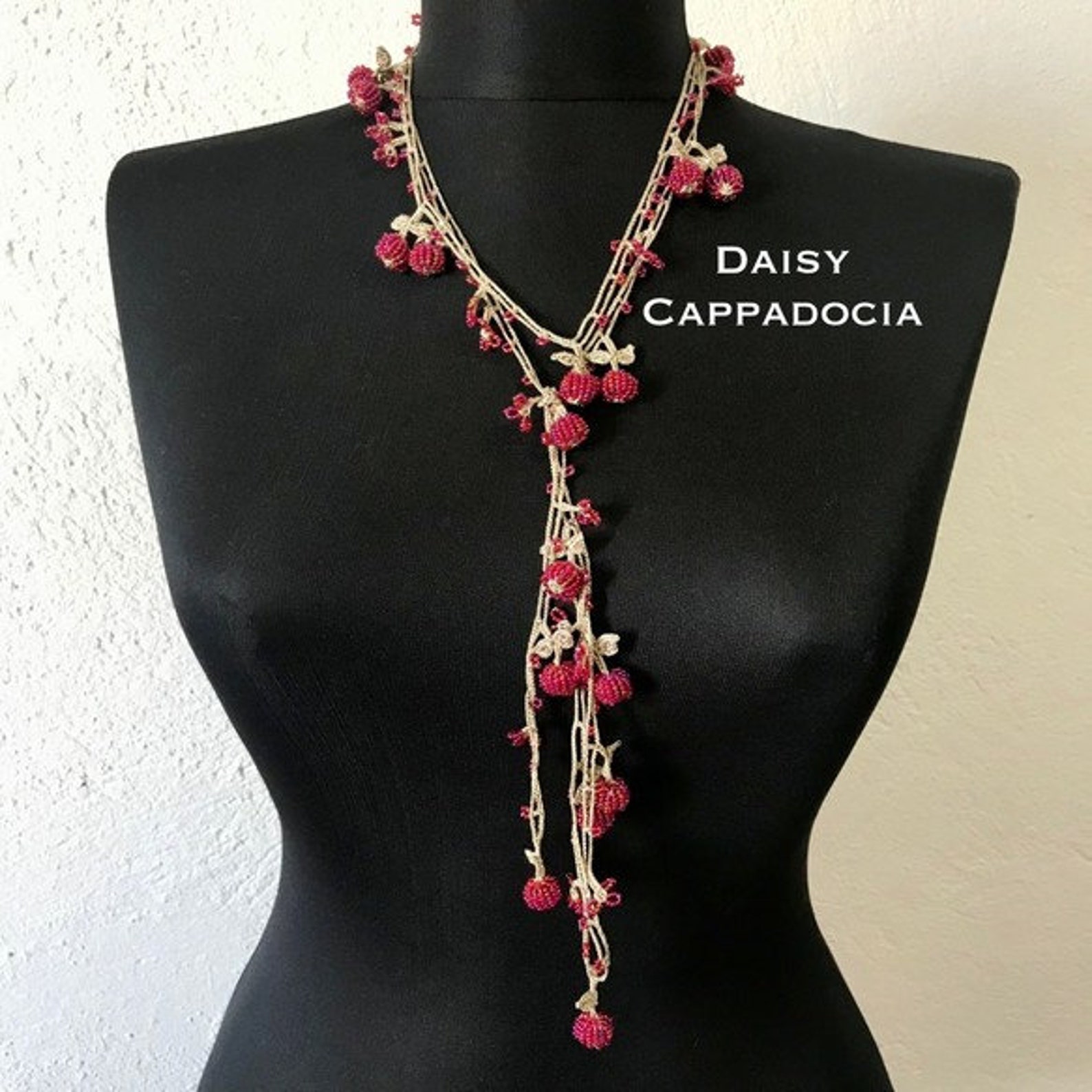 Turkish OYA Lace Lariat Necklace Berry Red/crocheted Jewelry Wedding ...