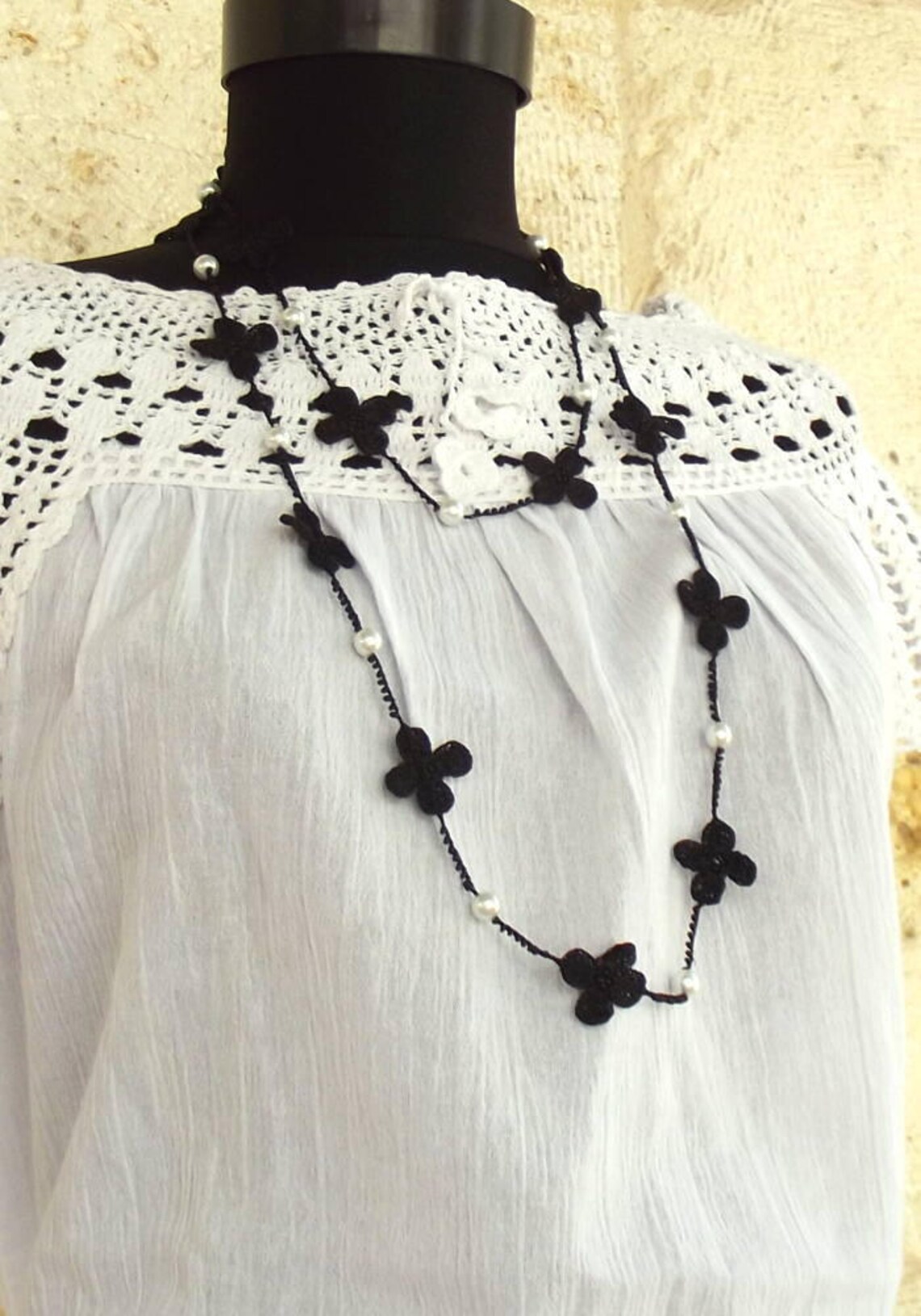 Turkish OYA Lace Lariat Necklace Croce Pearl 2colors Crocheted Jewelry ...