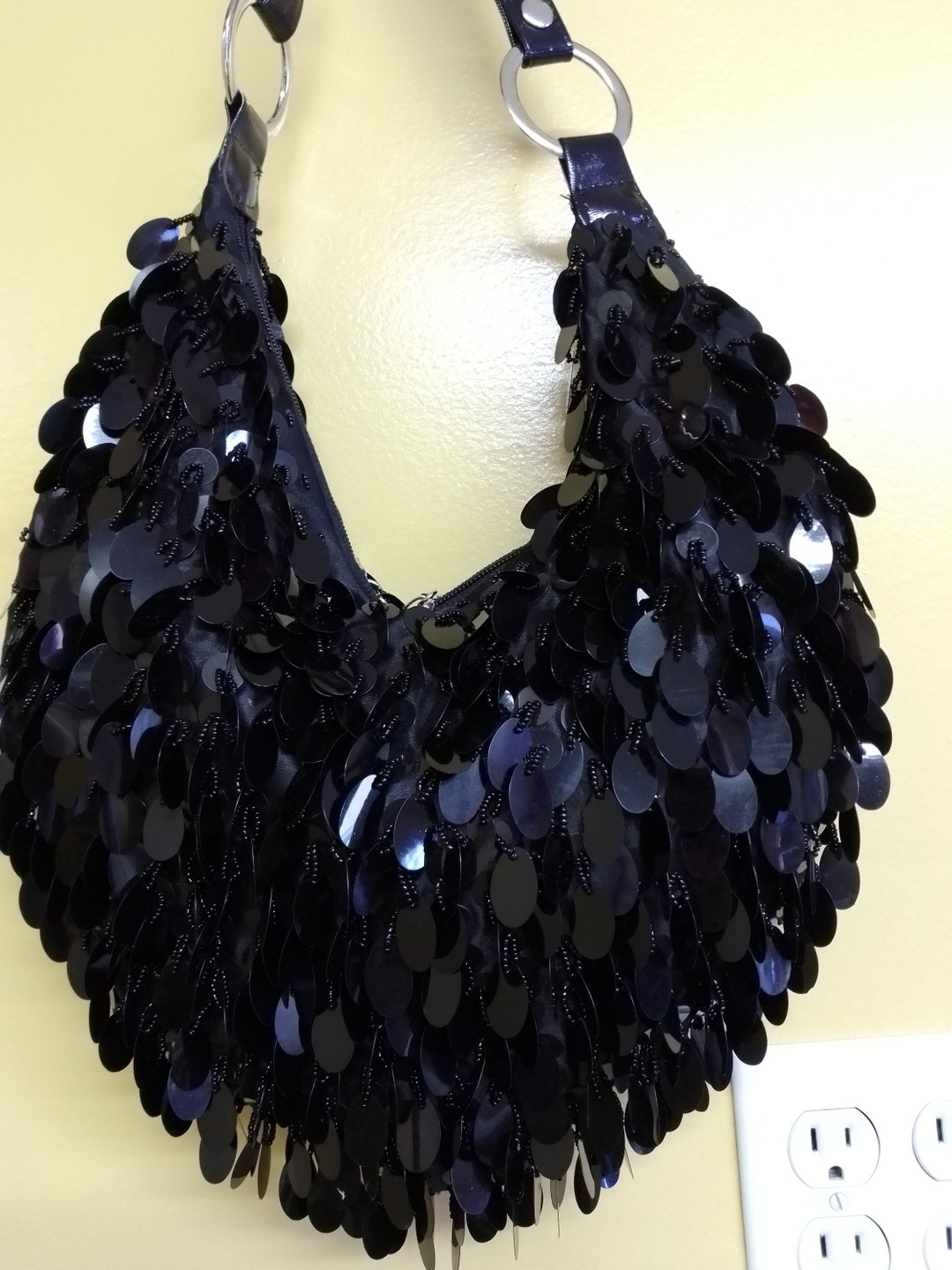 Black Beaded & Spangled Purse: Silver Tone Loops, Zipper Closure - Etsy