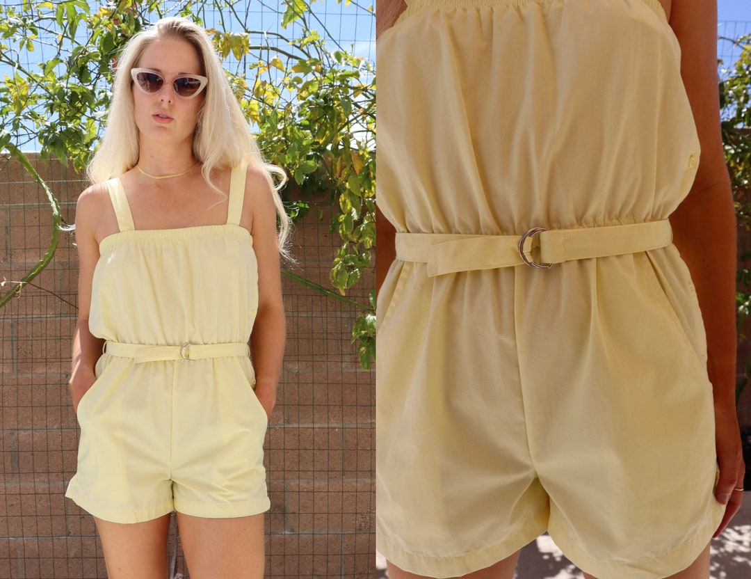 80s Pastel Yellow High Waisted Tank Jumps With Removable Straps Danik ...