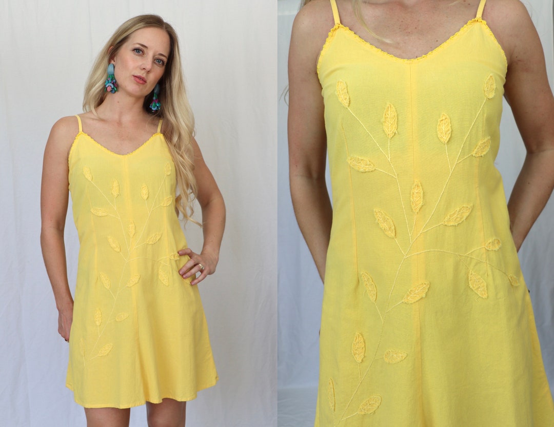 90s Bright Yellow Embroidered Israeli Cucanauaca Fine Exclusive Mexican ...