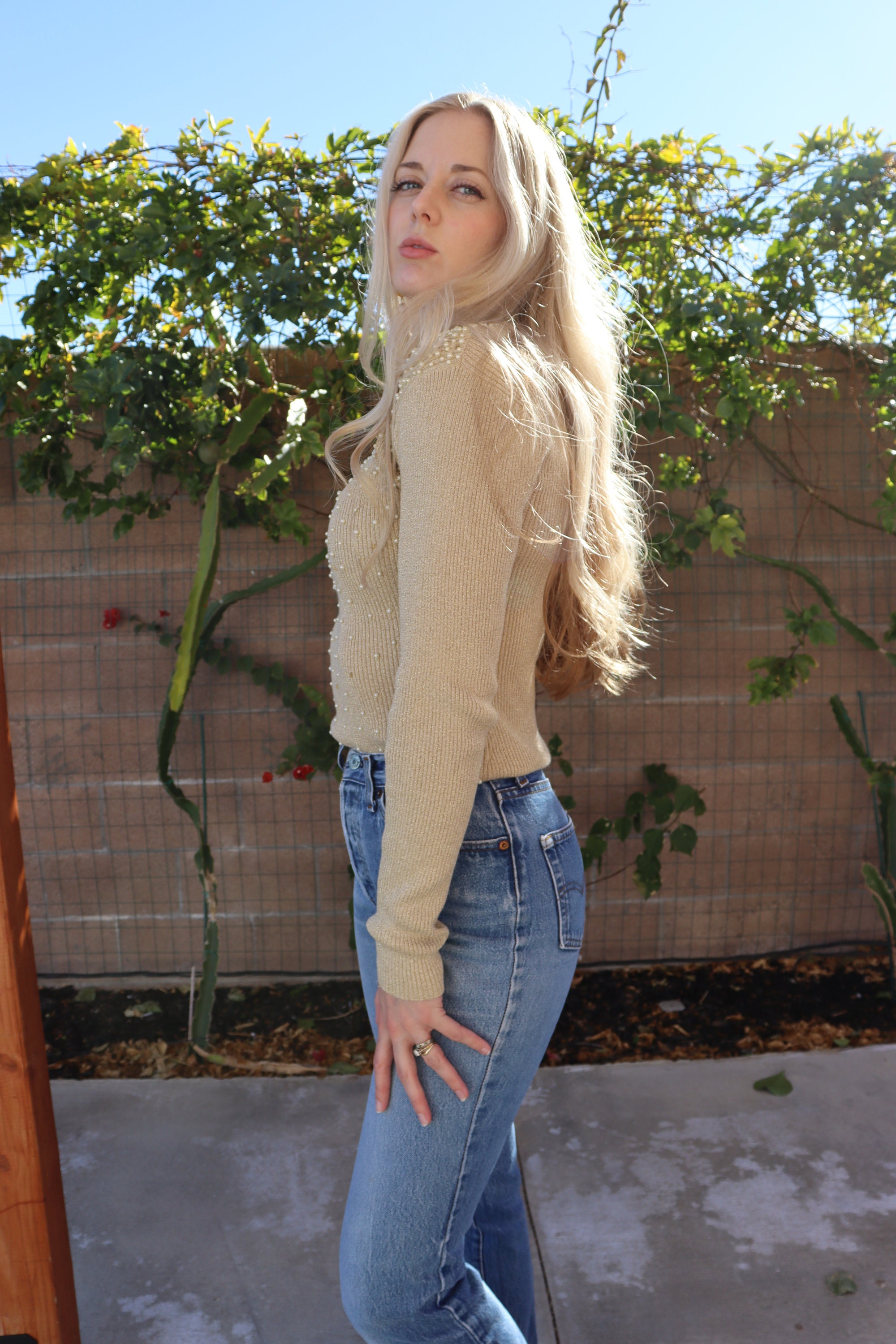 90s Cache Pearl Metallic Beaded Gold Ribbed Knit Turtle Neck Long ...