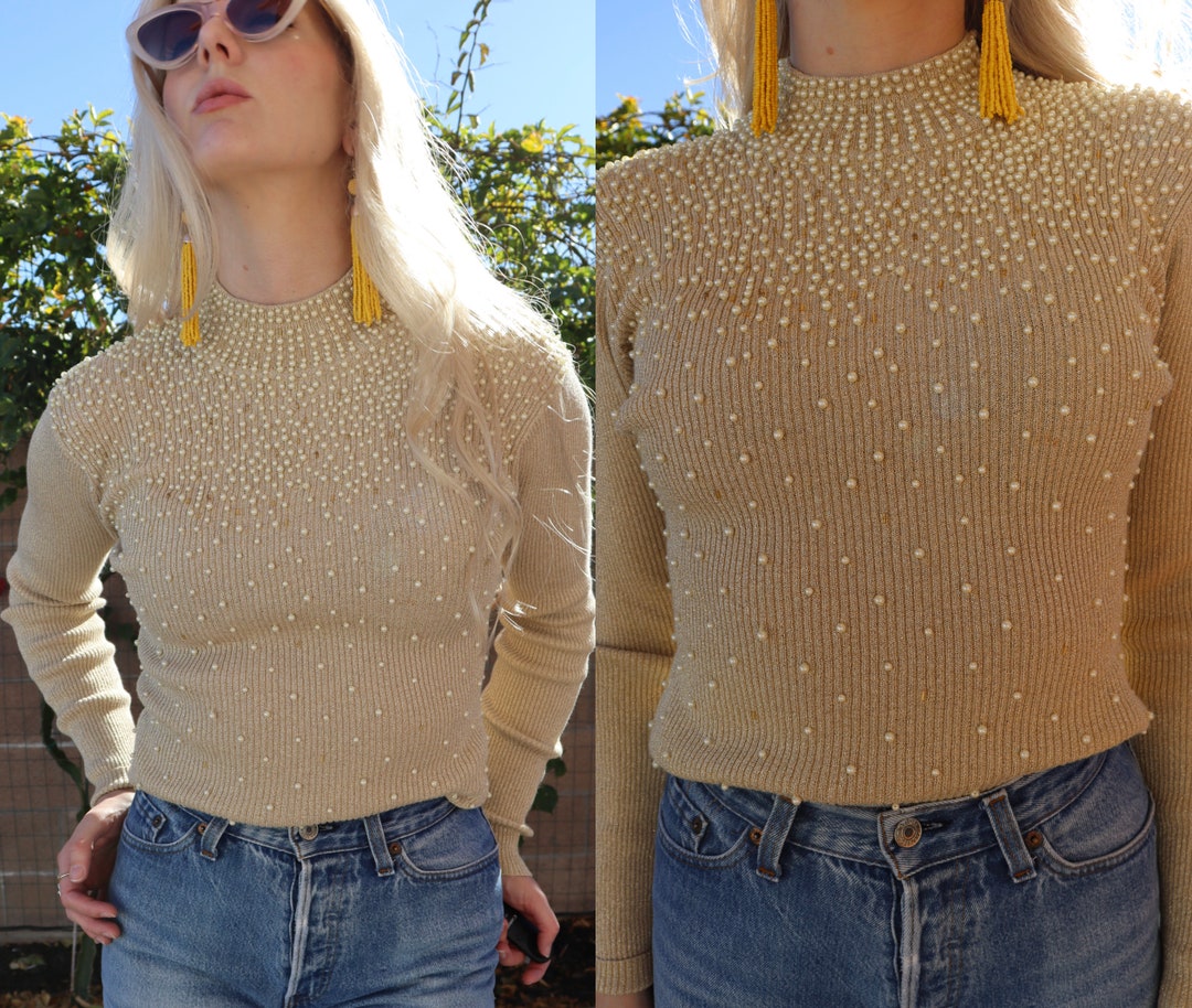 90s Cache Pearl Metallic Beaded Gold Ribbed Knit Turtle Neck Long ...