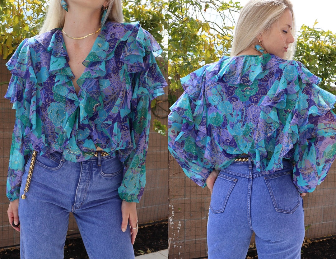80s Diane Fries Ruffled Georgette Blue and Purple Blouse M/L - Etsy