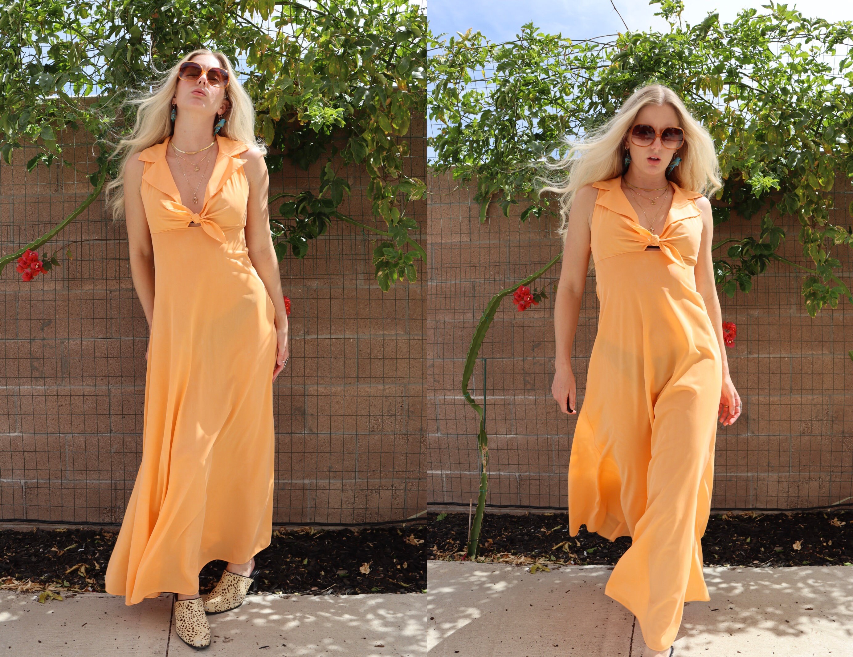 70s John Kloss for Cira Orange Maxi Tie Front Tank Dress Hand Dyed ...