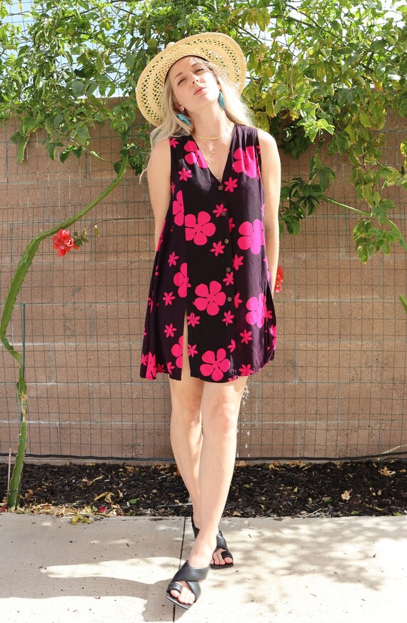 70s A-frame Mini Hot Pink and Maroon Swim Cover Up Ra… - Gem