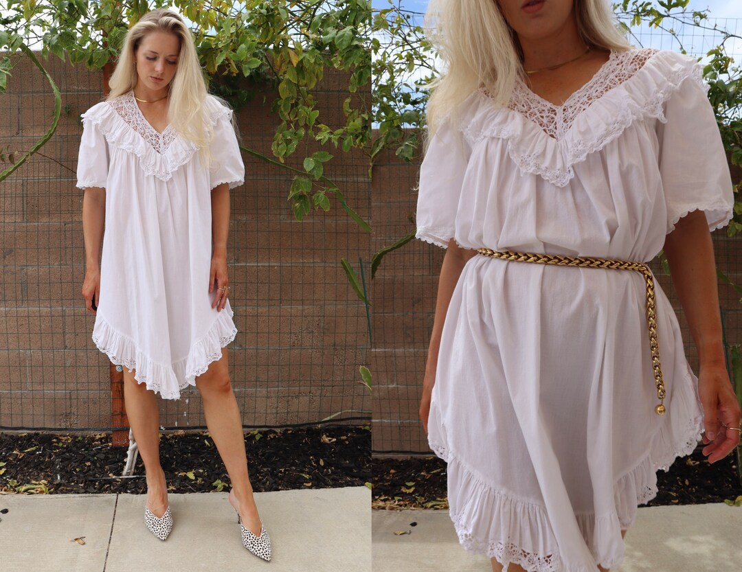 80s Cotton Ruffle White Wedding Night Gown Summer Dress Vendemere Size ...