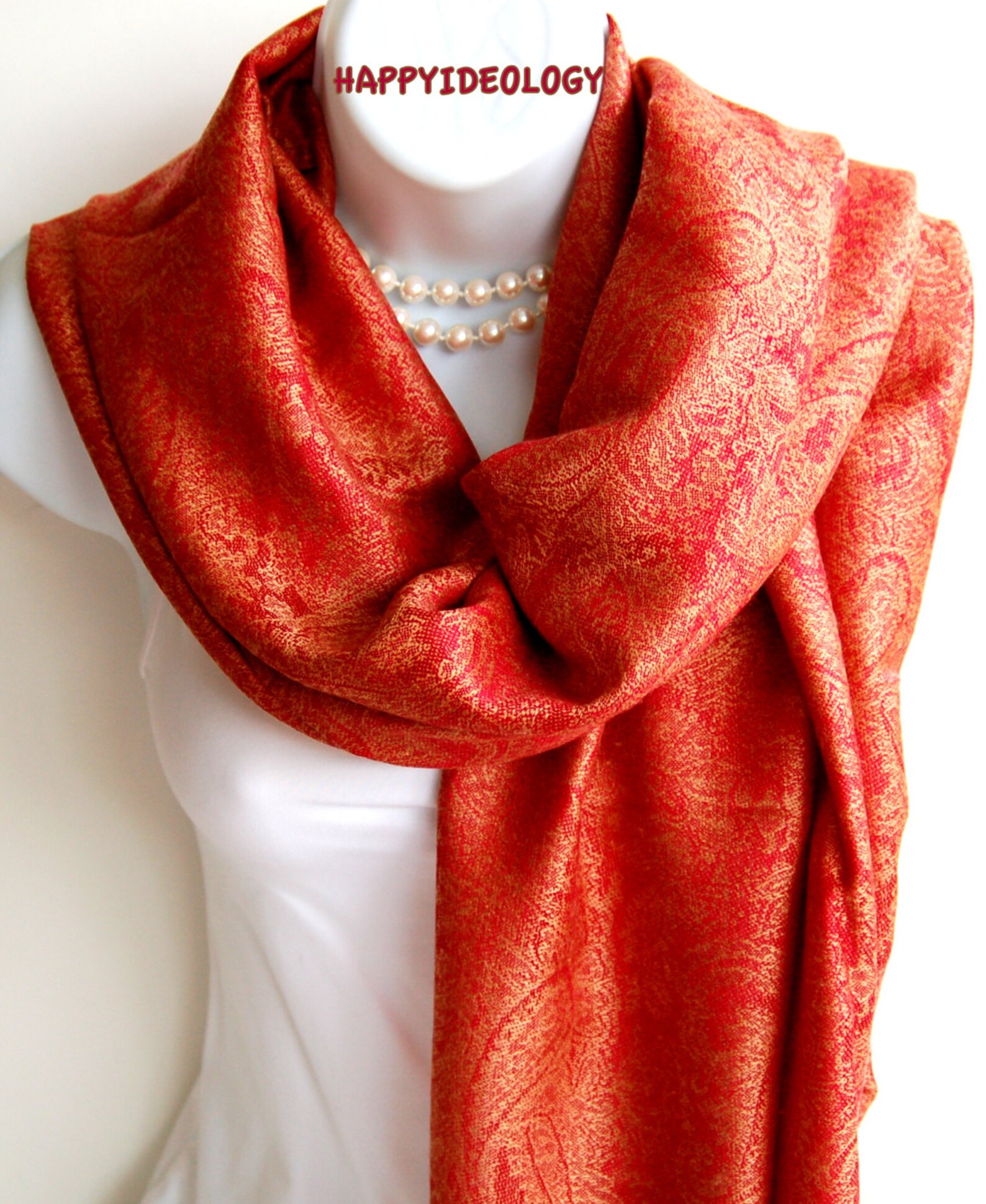 Red Pashmina Scarf.coral Red & Beige Gold - Etsy