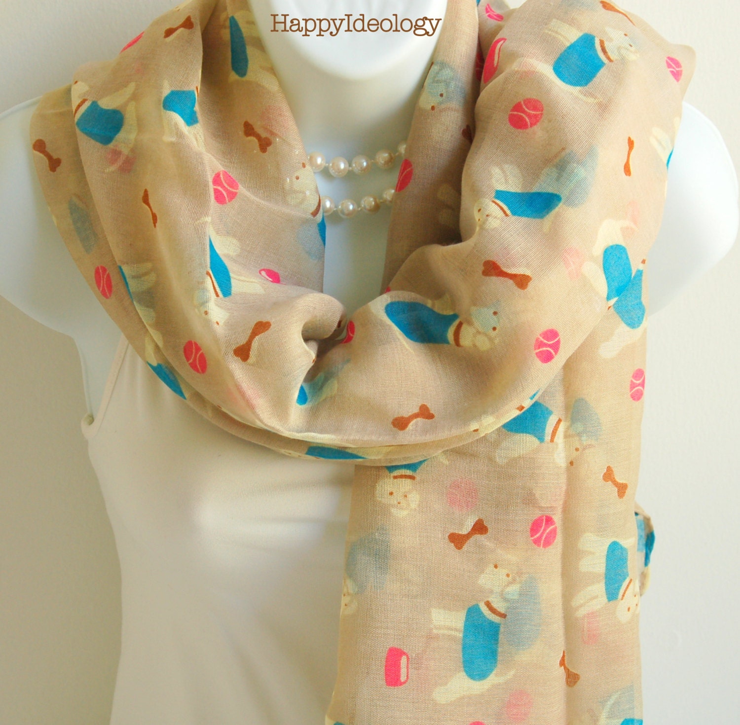 Dog Print Long Scarf. Beige with White Dog Pattern Scarf. Dog | Etsy