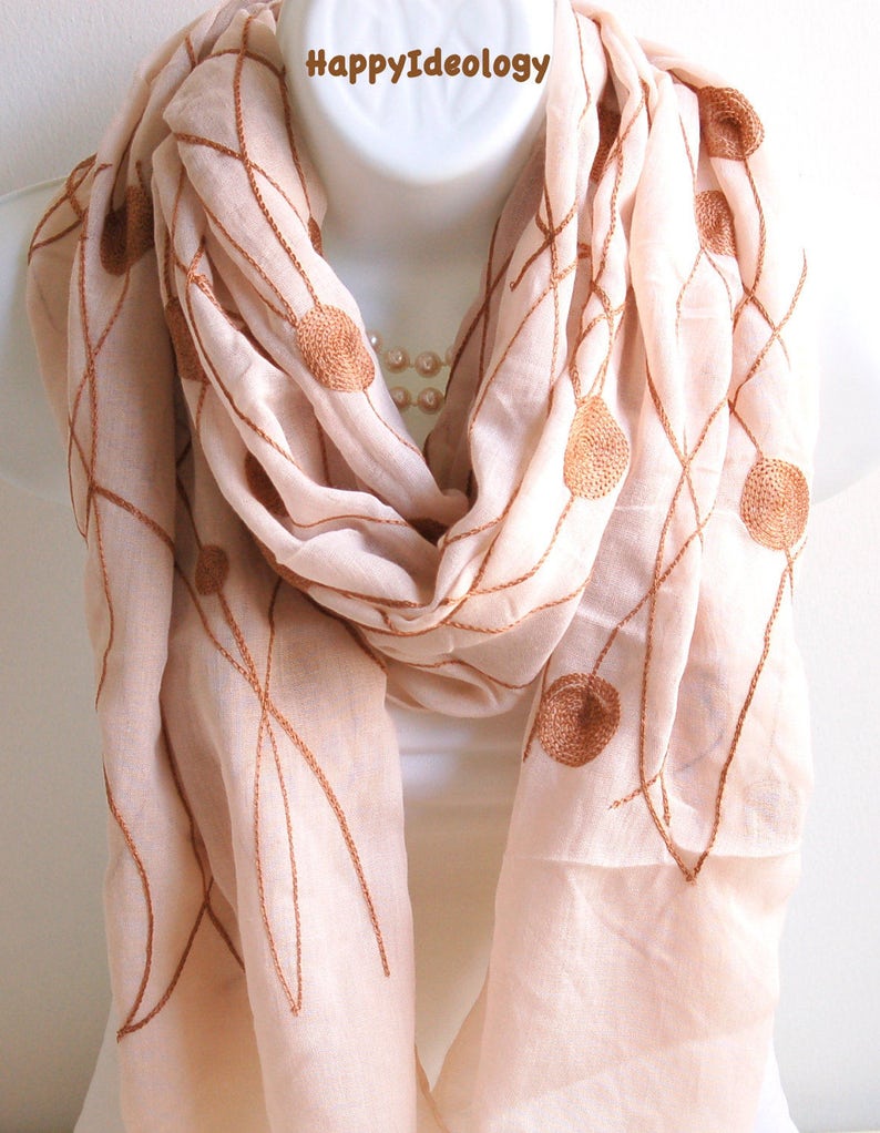 Long Beige Brown Scarf. Beige & Light Brown Embroidery Scarf/shawl ...