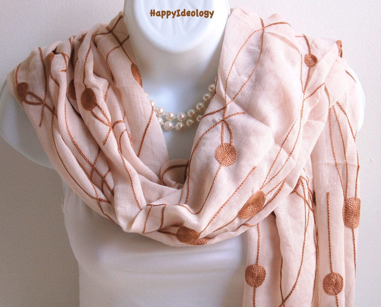 Long Beige Brown Scarf. Beige & Light Brown Embroidery Scarf/shawl ...