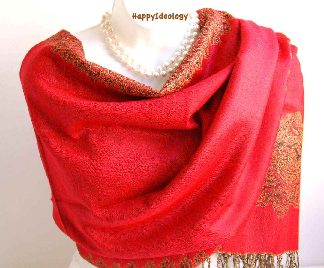 Red Pashmina Scarf.Reversible Red & Golden Beige Pashmina / Shawl ...