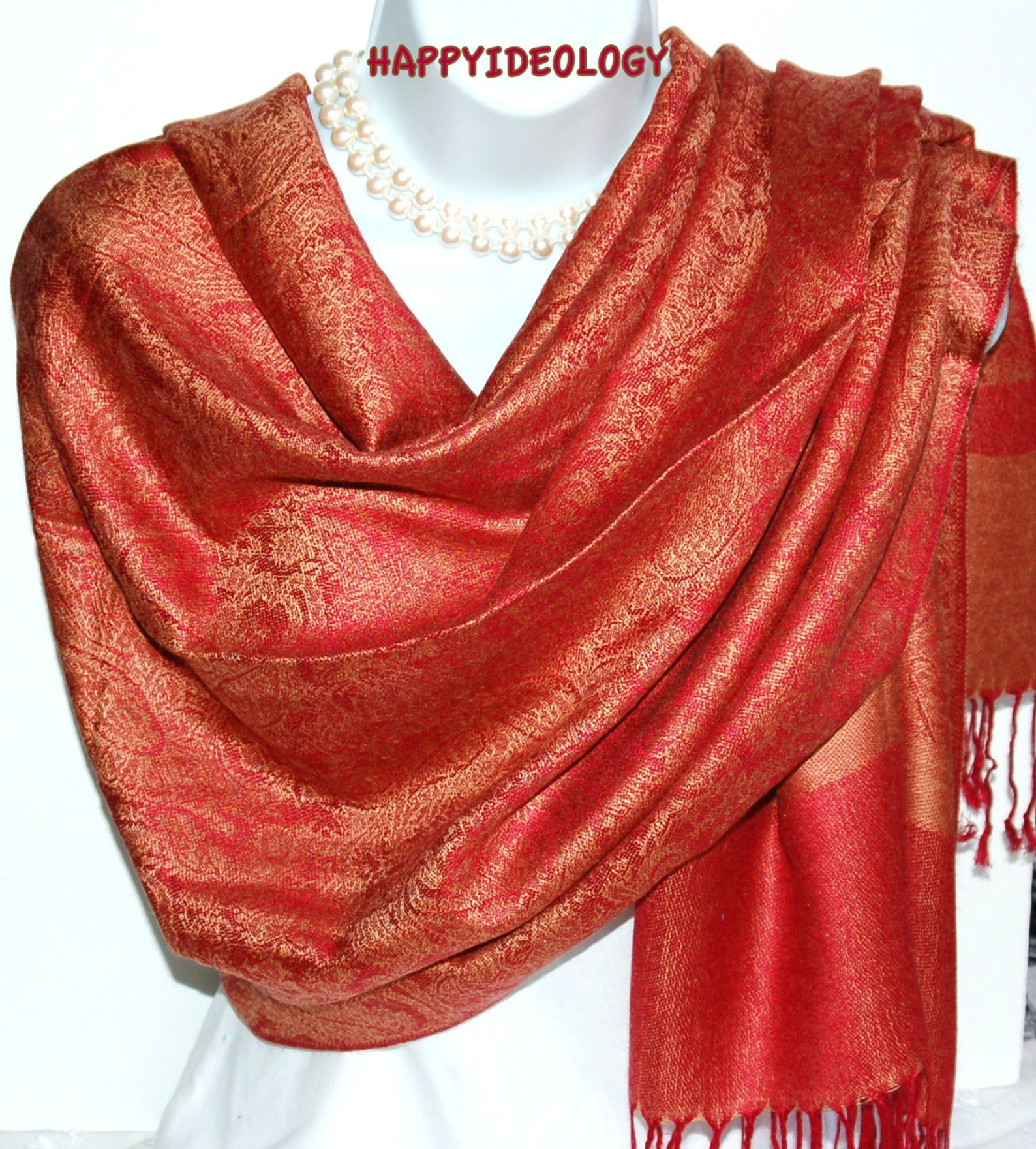 Red Pashmina Scarf.coral Red & Beige Gold - Etsy