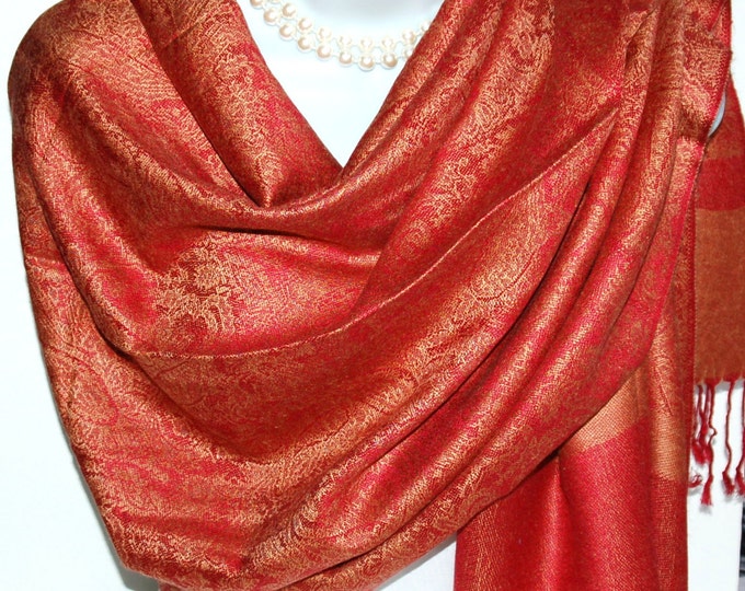 Red Pashmina Scarf.coral Red & Beige Gold Pashmina/shawl.autumn/winter ...