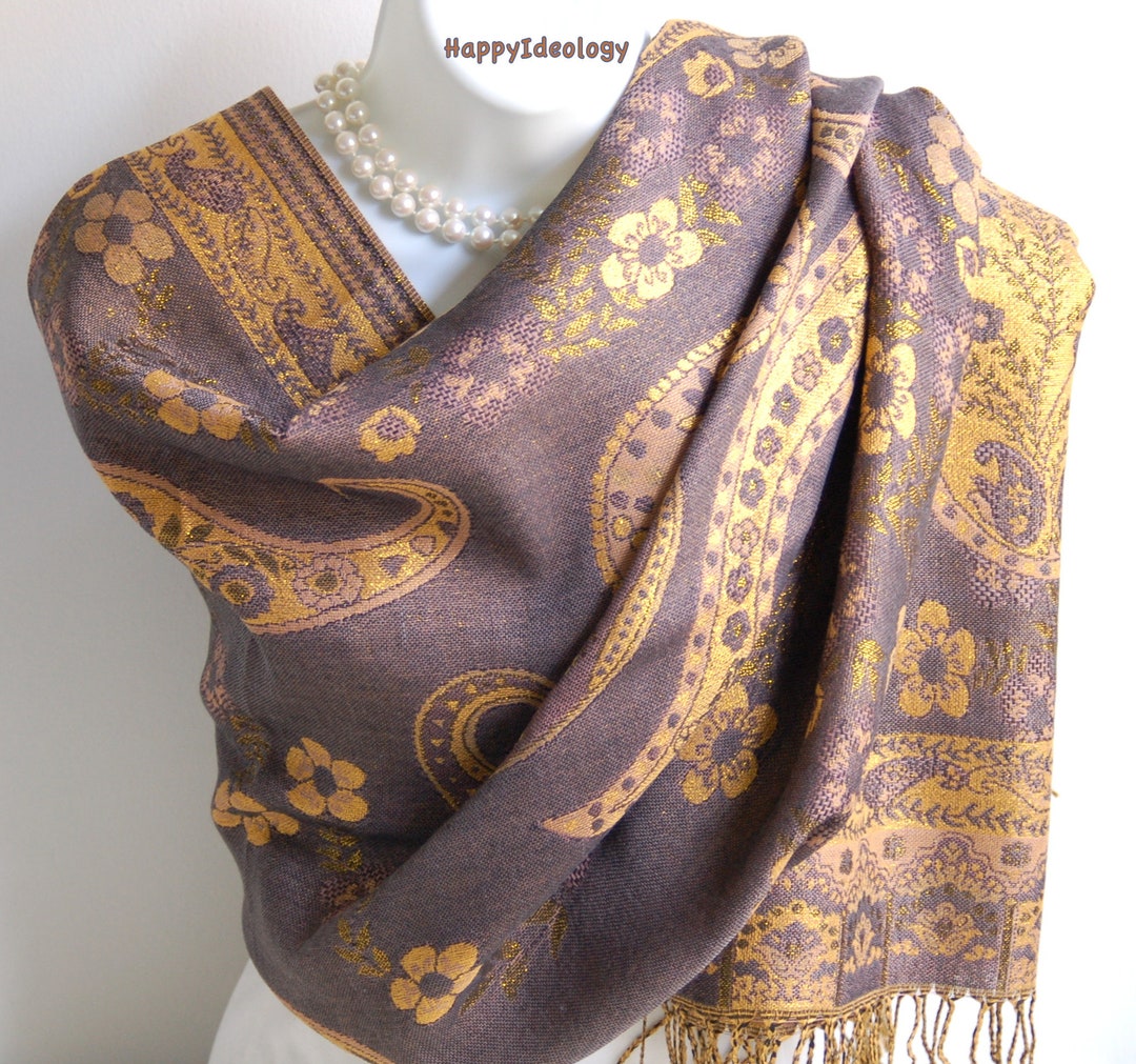 Pashmina.dark Grey & Gold Pashmina Scarf.autumn/winter Scarves.wedding ...