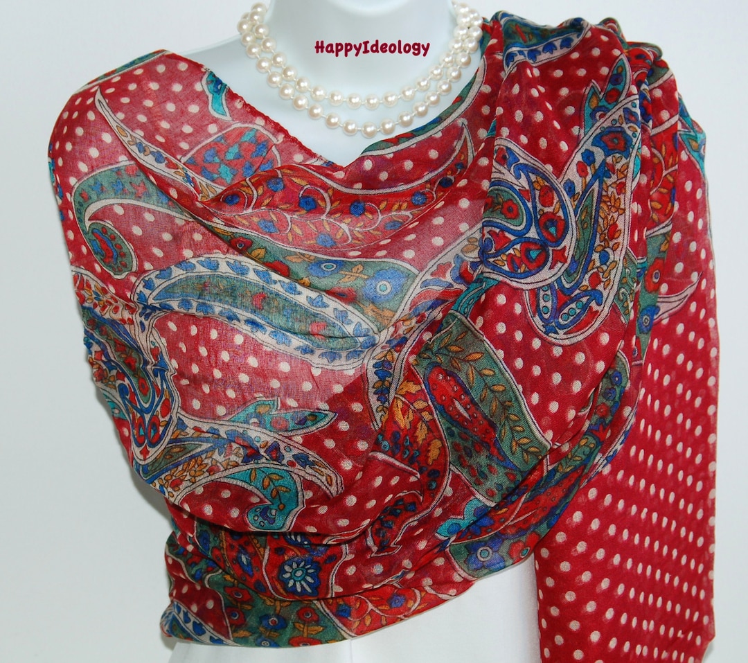 Red Long Scarf. Red Paisley & Polka Dot Scarf. Spring/summer ...