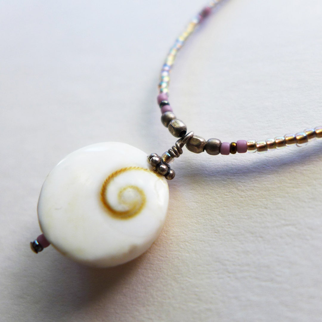 Eye of Shiva Shell Charm and Czech Glass Bead Necklace With Sterling ...