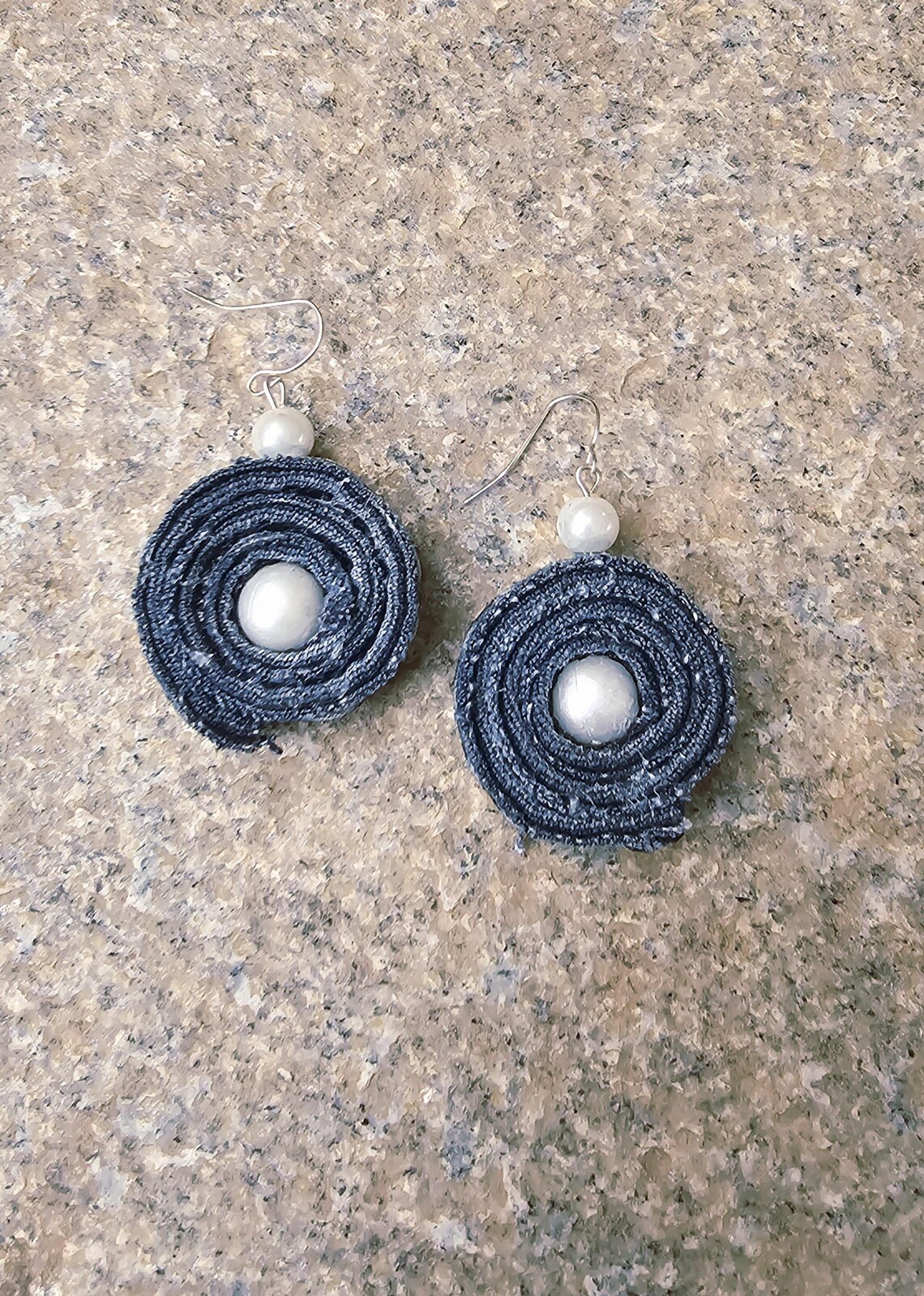 Pearl in a Denim Shell | Upcycled Spiral Earrings - Etsy