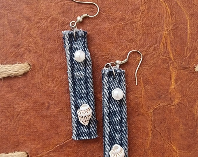 Denim Earrings | Pearl and Shell Charm | Sustainable Jewelry | Upcycled ...