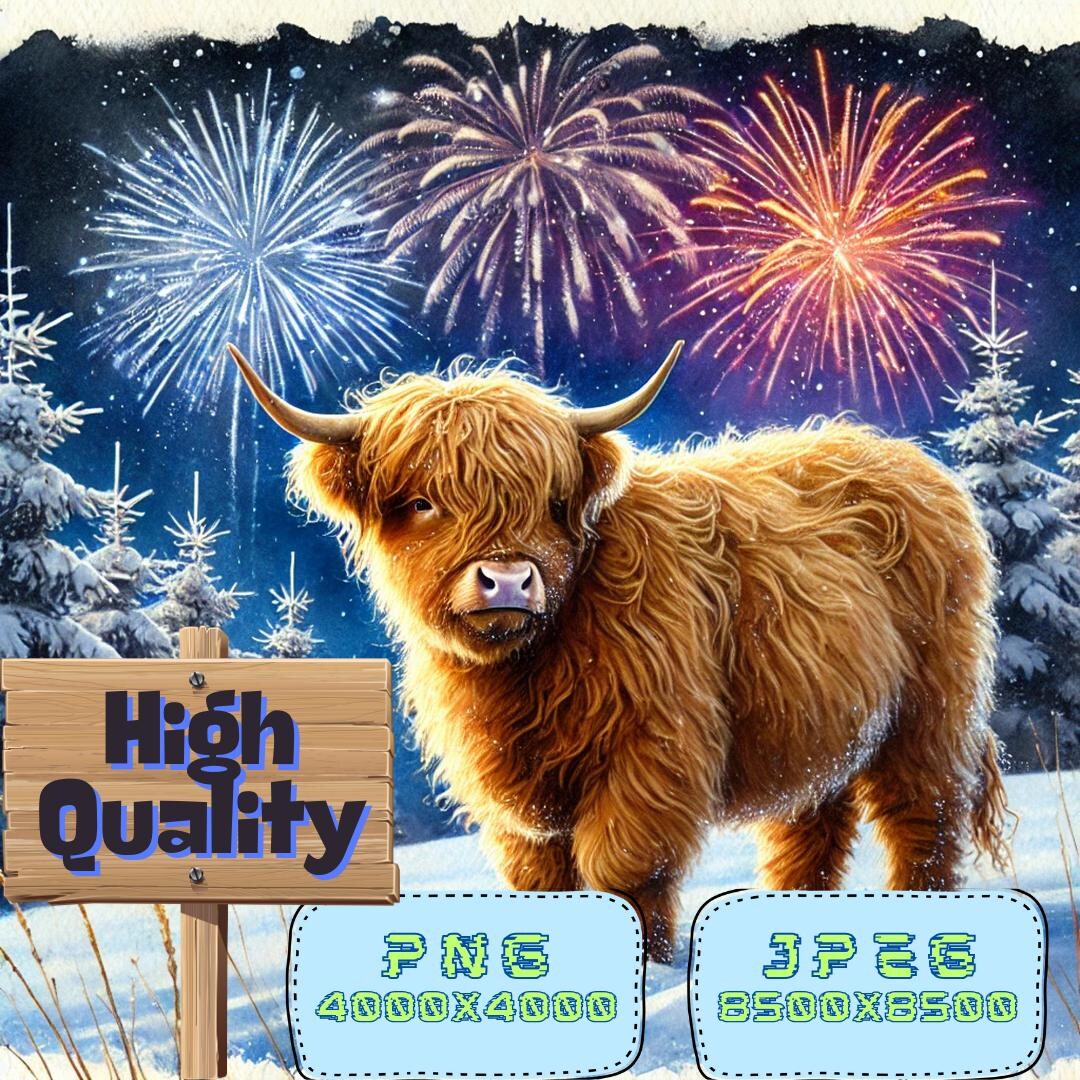 Highland Cow New Year 2025 Fireworks - PNG, JPEG Image High Quality - Etsy