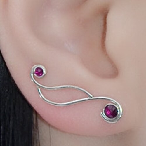 Silver EAR CLIMBER EARRING // Ruby Ear Cuff Ear Pins - Etsy