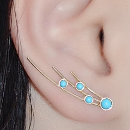 Gold EAR CLIMBER EARRING // Turquoise Ear Cuff Ear Pins - Etsy