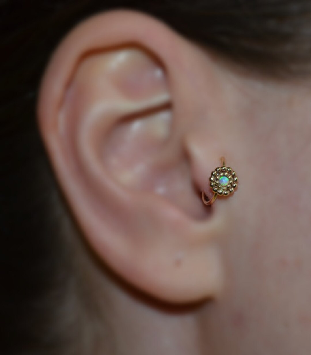 2mm Opal Flower TRAGUS EARRING // Gold Tragus Hoop - Cartilage Earring - Helix Piercing - Rook ...