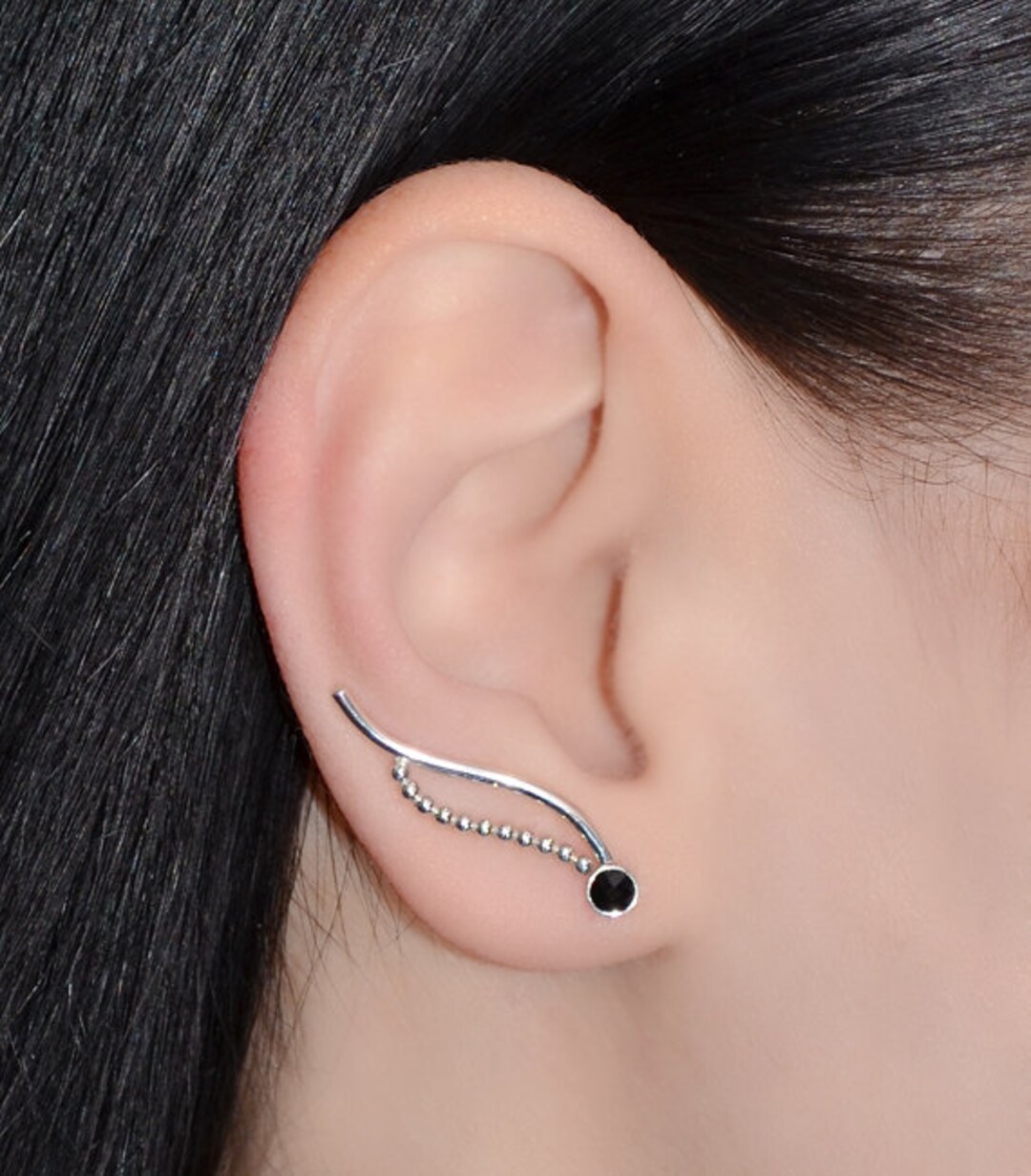 3mm Black Onyx EAR CLIMBER // Sterling Silver Earrings Earcuff up the Ear Earrings Climber ...