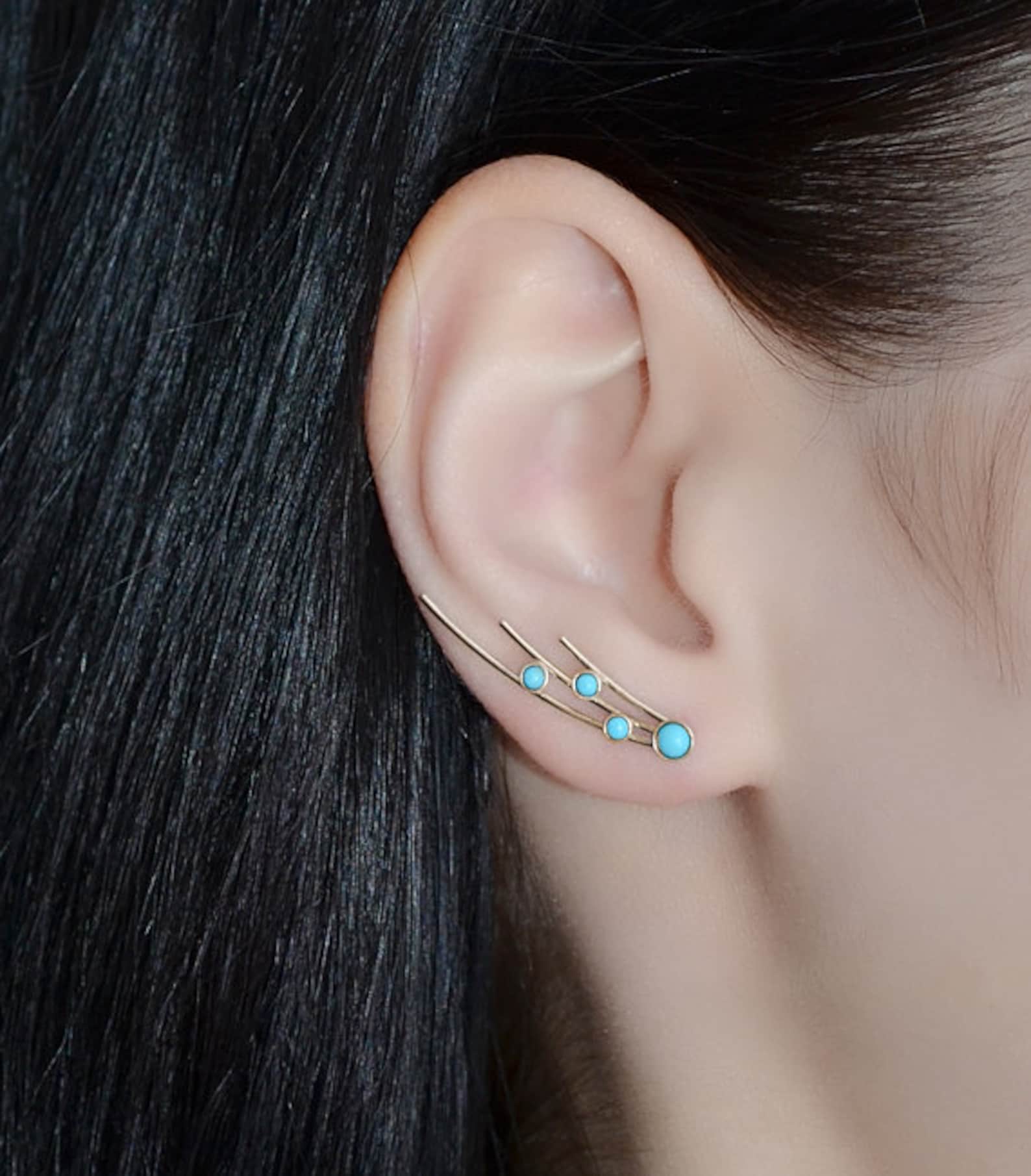 Gold EAR CLIMBER EARRING // Turquoise Ear Cuff Ear Pins | Etsy