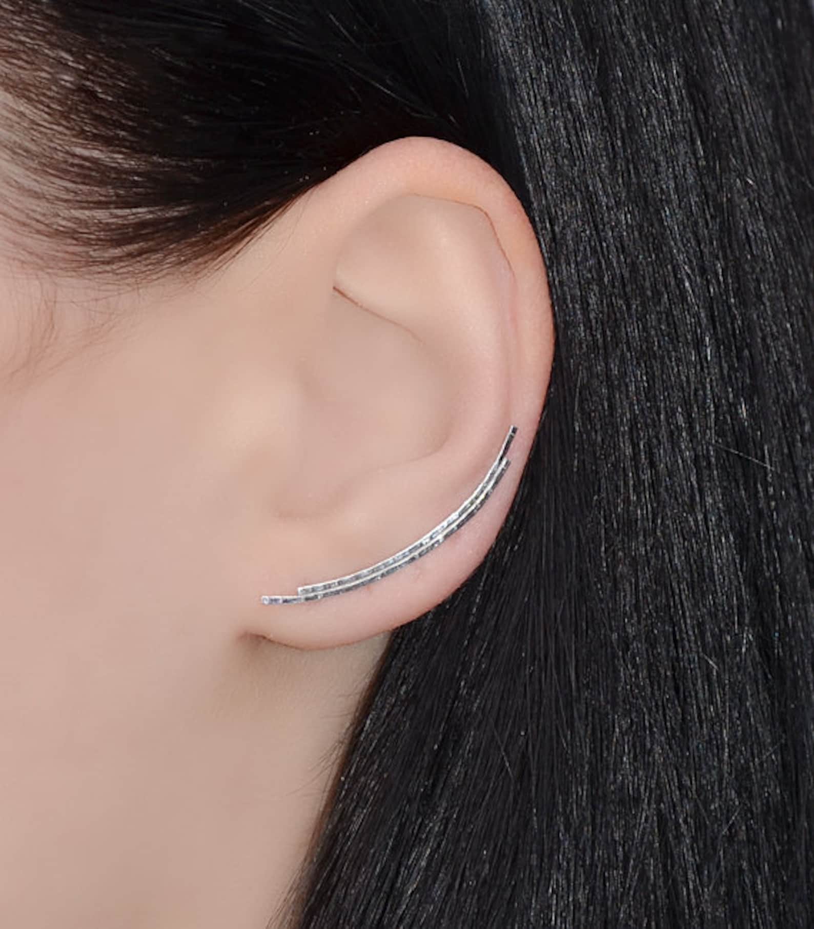 Curved EAR CLIMBER Earring // Silver Textured Bar Stud | Etsy