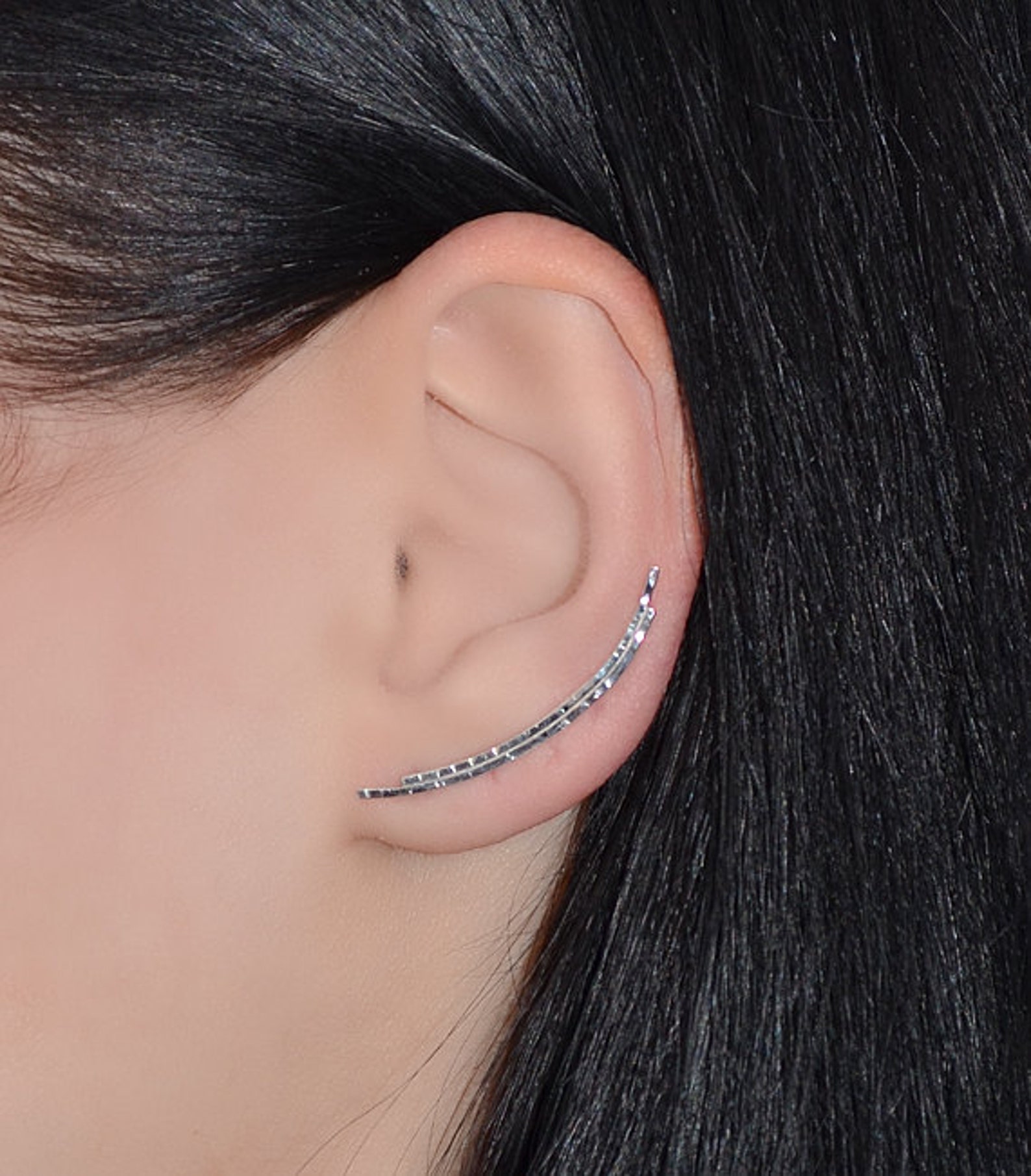 Curved EAR CLIMBER Earring // Silver Textured Bar Stud | Etsy