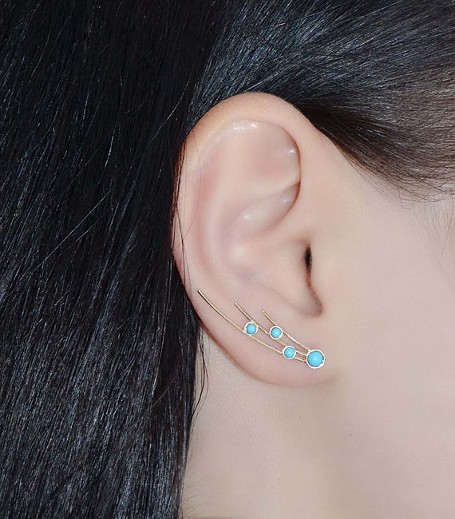 Gold EAR CLIMBER EARRING // Turquoise Ear Cuff Ear Pins | Etsy