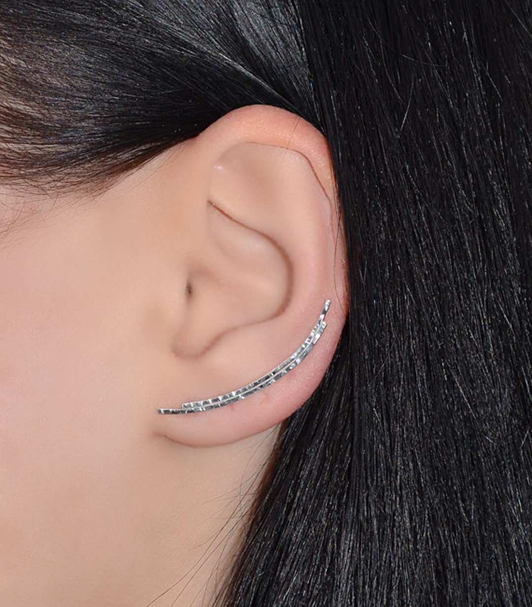 Curved EAR CLIMBER Earring // Silver Textured Bar Stud Minimalist ...