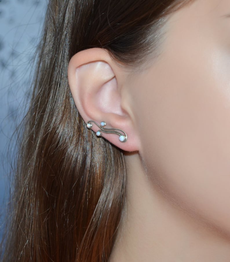 White Opal EAR CLIMBER Earrings // Sterling Silver Ear Pins | Etsy