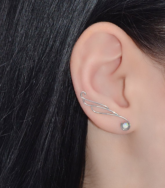 Silver EAR CLIMBER Opal // Opal Ear Pins Minimalist Earrings | Etsy