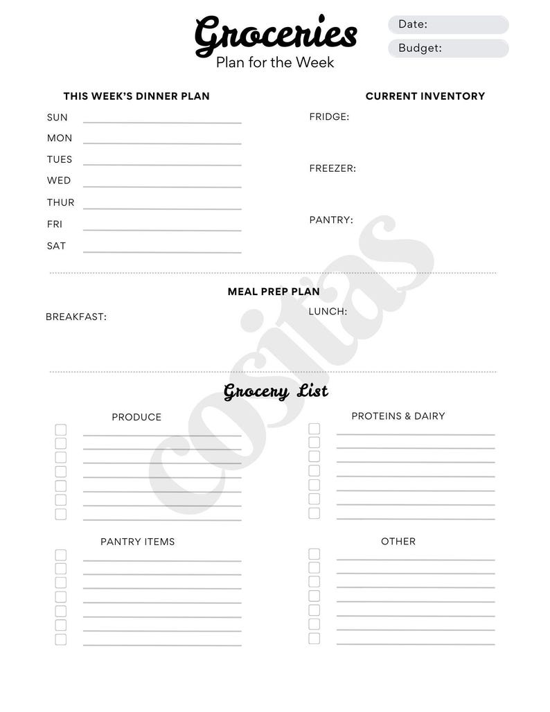 Weekly Grocery List Printable | Shopping Checklist & Meal Planner ...