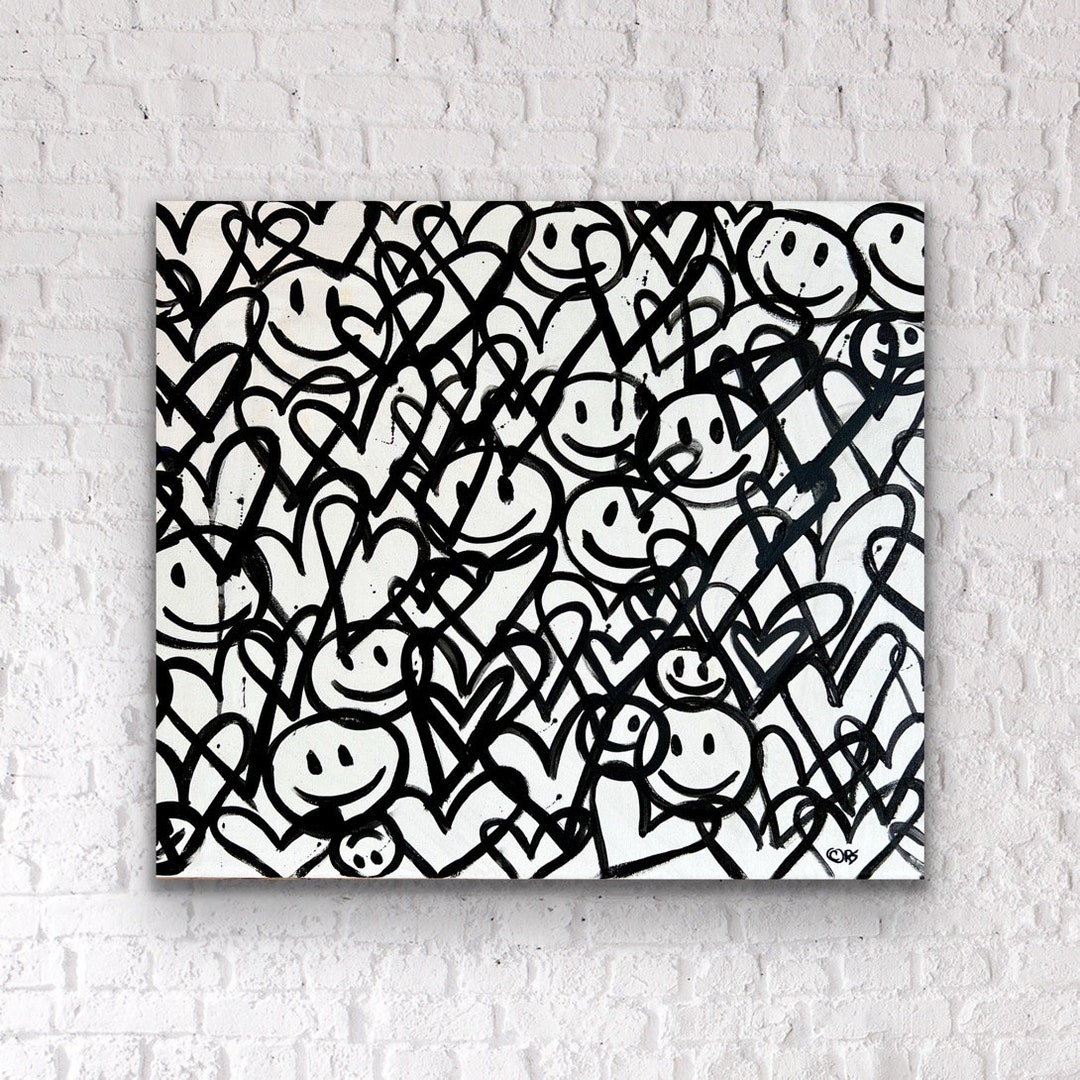 Black & White Minimalistic Abstract. Teen Girl Hearts and Happy Face ...