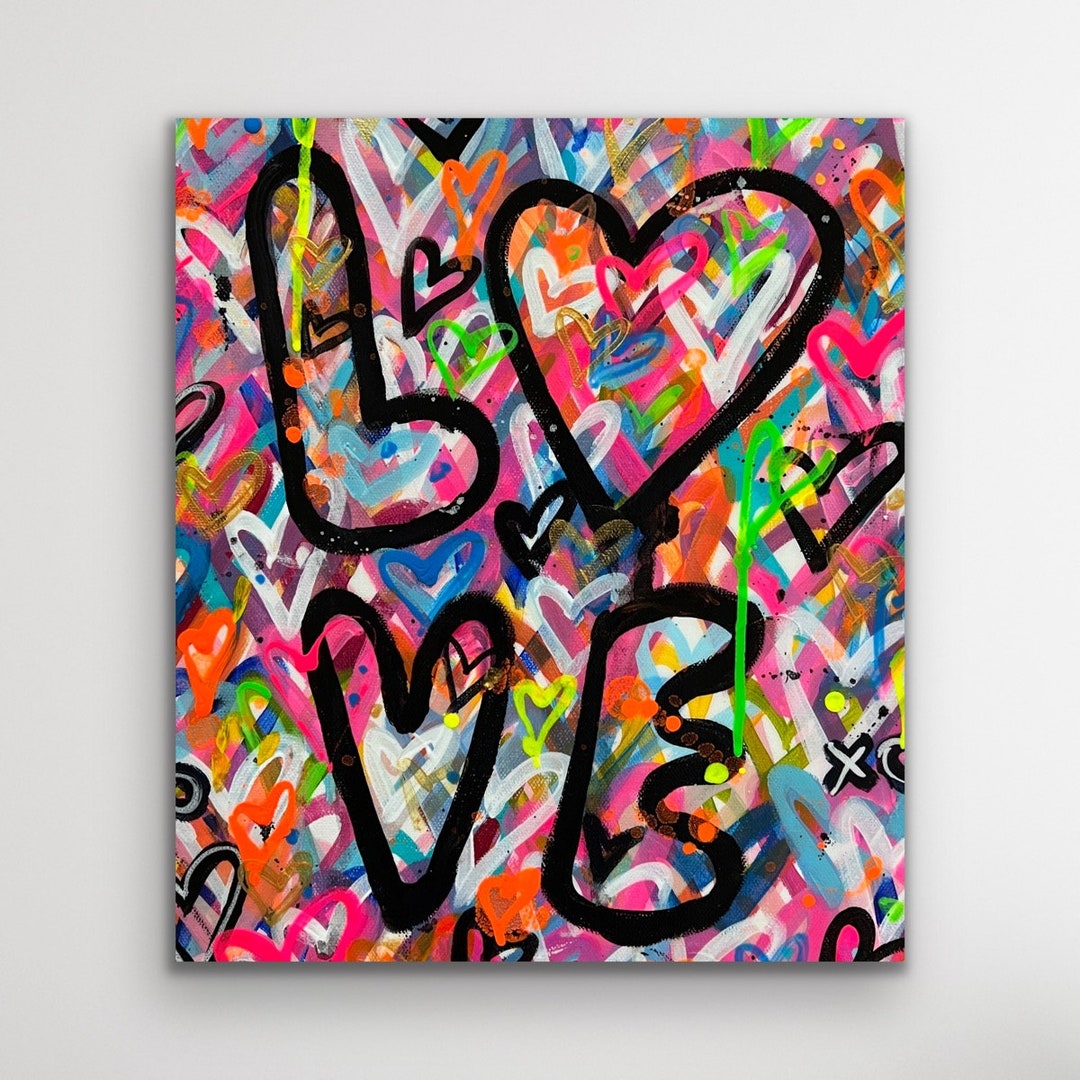 Neon Graffiti Hearts. XO Love Art. Trendy Preppy Abstract Painting ...