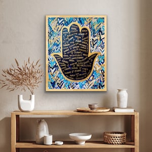 Jewish Hamsa Art. Judaica Shalom. Blue, Gold Ahava Painting. Hebrew ...