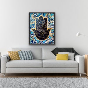 Jewish Hamsa Art. Judaica Shalom. Blue, Gold Ahava Painting. Hebrew ...