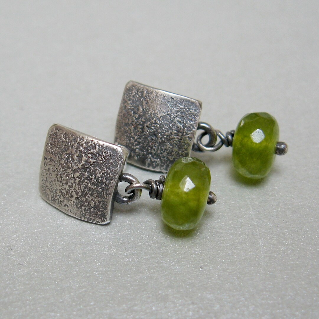 Rustic Silver Stud Earrings With Peridot Dangles, Minimal Earrings ...