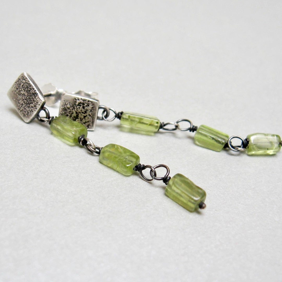 Peridot Rustic Silver Earrings, Long Dangle Earrings, Green Gemstone ...