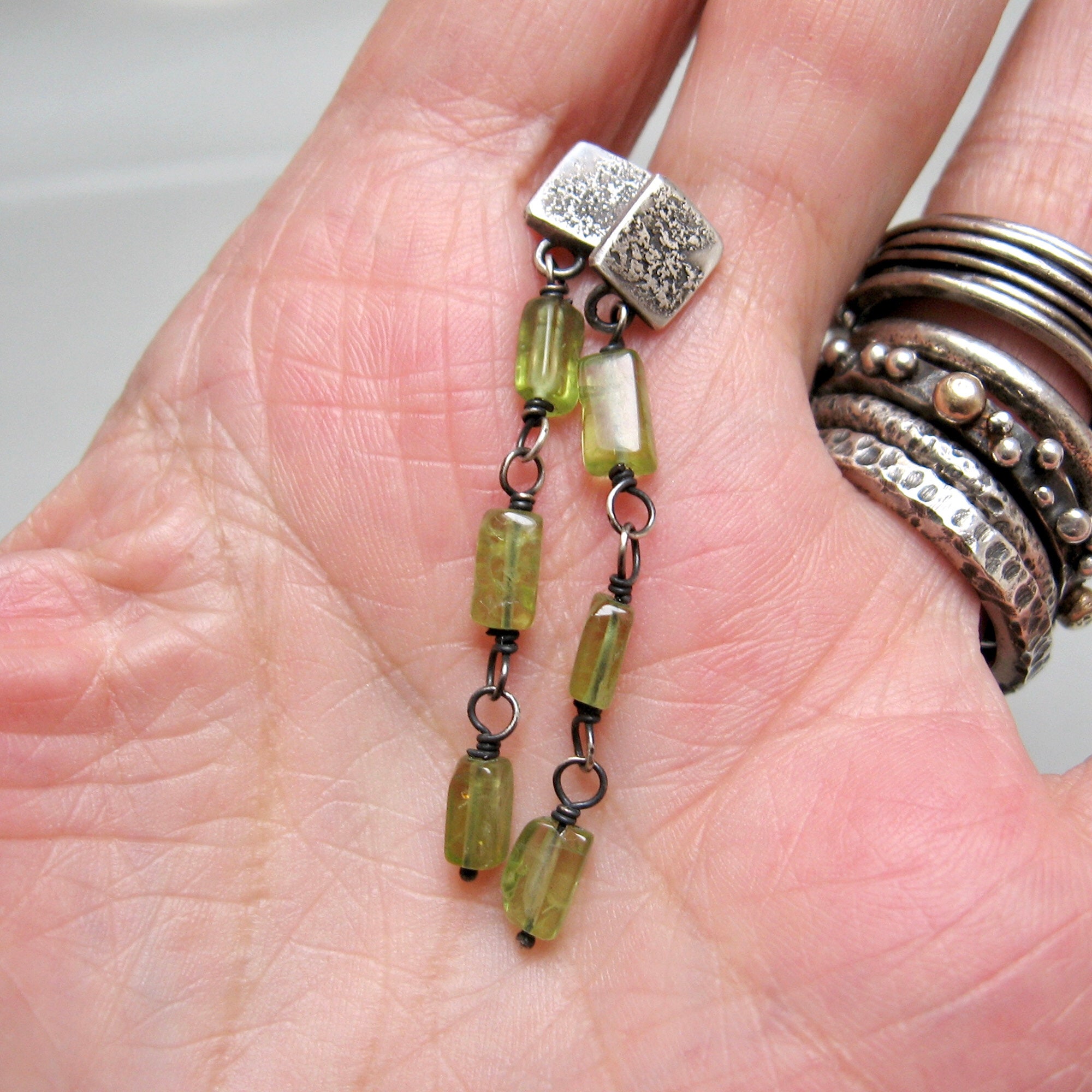 Peridot rustic silver earrings long dangle earrings green | Etsy