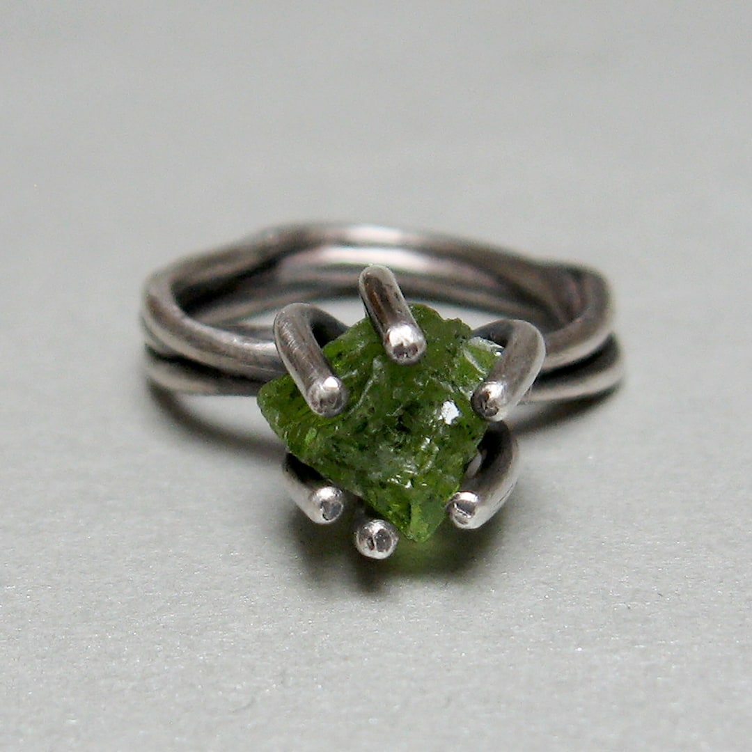 Raw Peridot Rustic Sterling Silver Ring, Stacking Ring, Green Rough ...