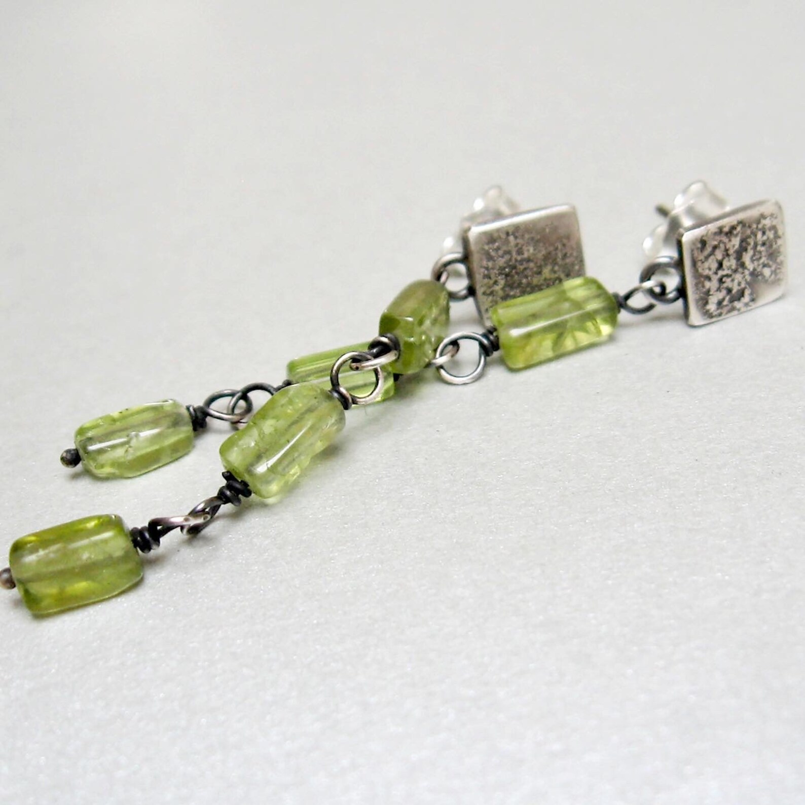 Peridot rustic silver earrings long dangle earrings green | Etsy
