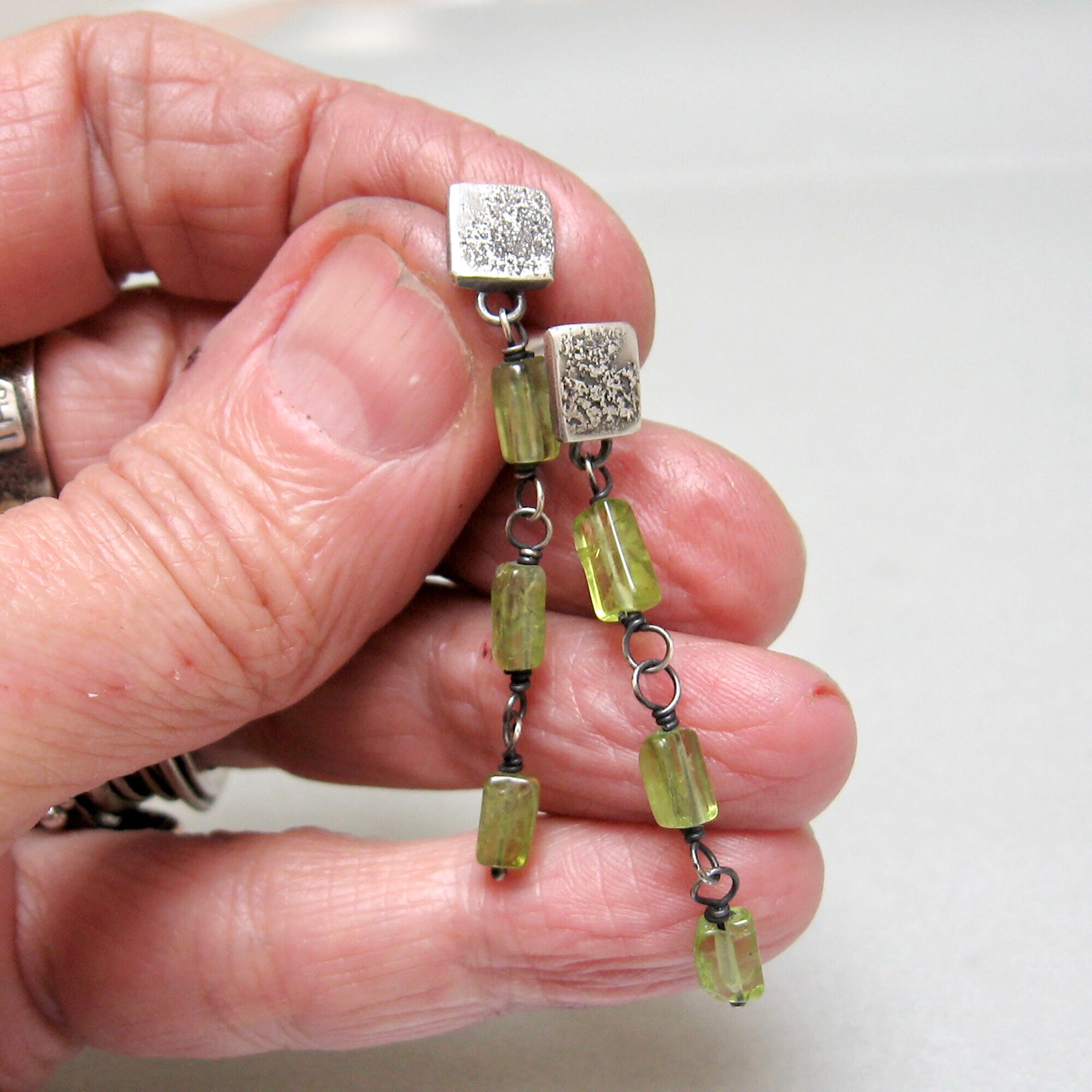 Peridot rustic silver earrings long dangle earrings green | Etsy