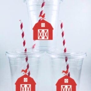 Red Barn PARTY CUPS Farm Birthday With Lids Straws Personalized ...